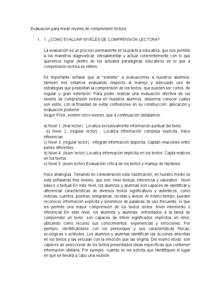 Evaluación para Medir Niveles de Comprensión Lectora | PDF ...