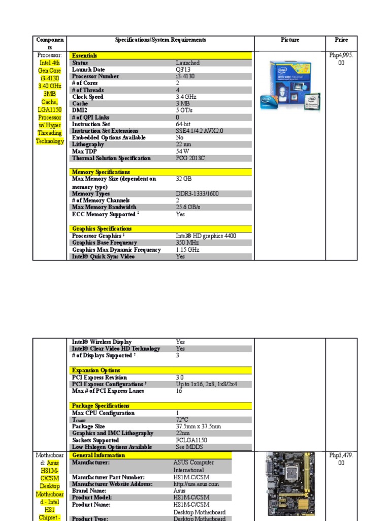 Componen Ts Specifications/System Requirements Picture Price | PDF ...