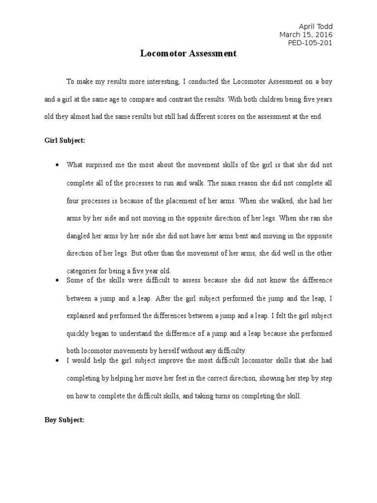 Locomotor Assessment Ped 105 | PDF | Animal Locomotion | Cognition