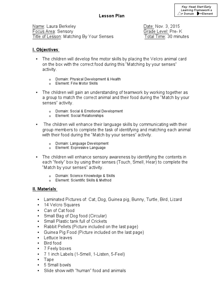 Sensory Lesson Plan | PDF | Senses | Perception