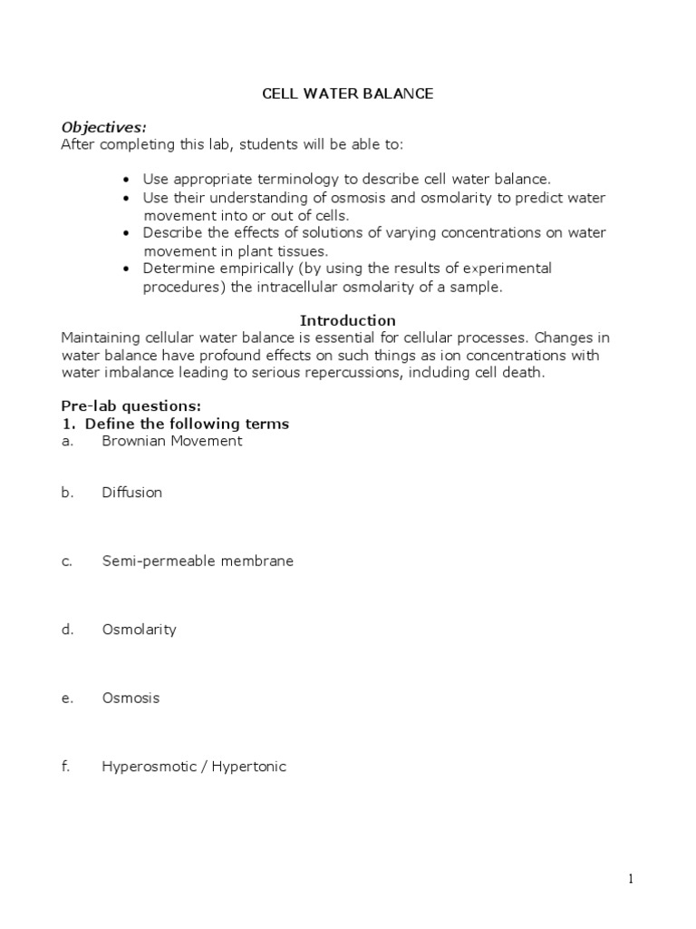 Cell Water Balance Lab | PDF | Osmosis | Cell Biology