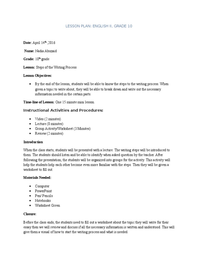 Writing Process Lesson Plan for 10th Grade | PDF