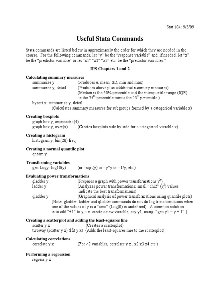 Useful Stata Commands: TH TH | PDF | Logistic Regression | Student's T Test