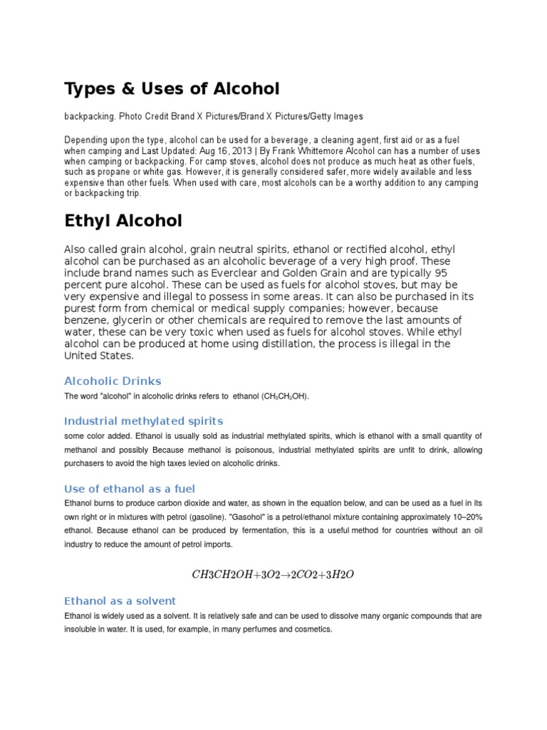 Types & Uses of Alcohol: Alcoholic Drinks | PDF | Ethanol | Methanol