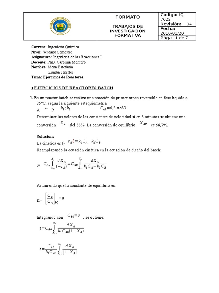 2 Ejercicios de Reactores Batch | PDF | Cinética química | Velocidad de reacción