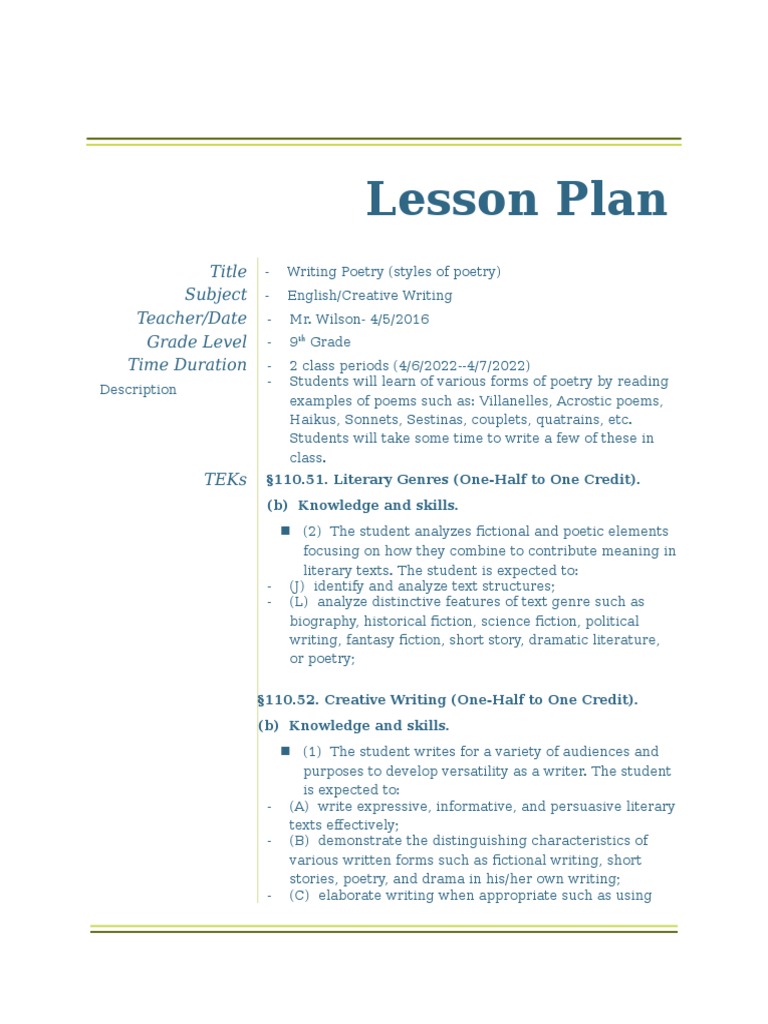 Writing Poetry Lesson Plan | PDF | Poetry | Lesson Plan