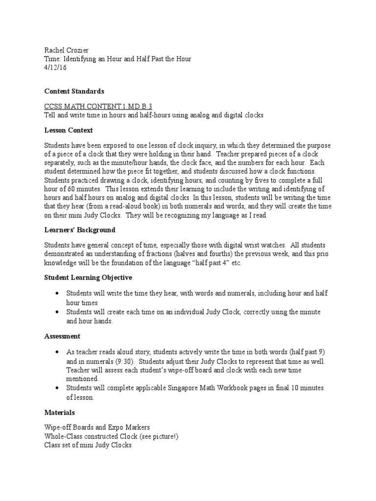 Teaching Time: Hours and Half-Hours | PDF | Clock | Educational Assessment