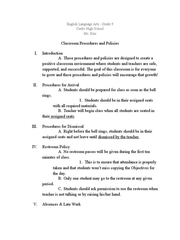 Grade 9 ELA Classroom Policies Guide | PDF | Classroom | Behavior ...