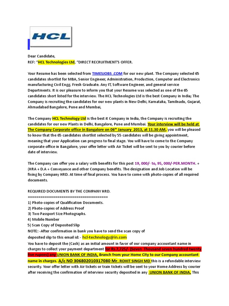 HCL Technologies job offer letter for 65 candidates shortlisted from ...