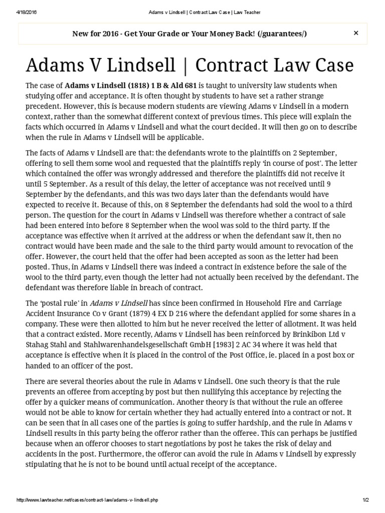 Adams V Lindsell - Contract Law Case - Law Teacher | PDF | Offer And ...