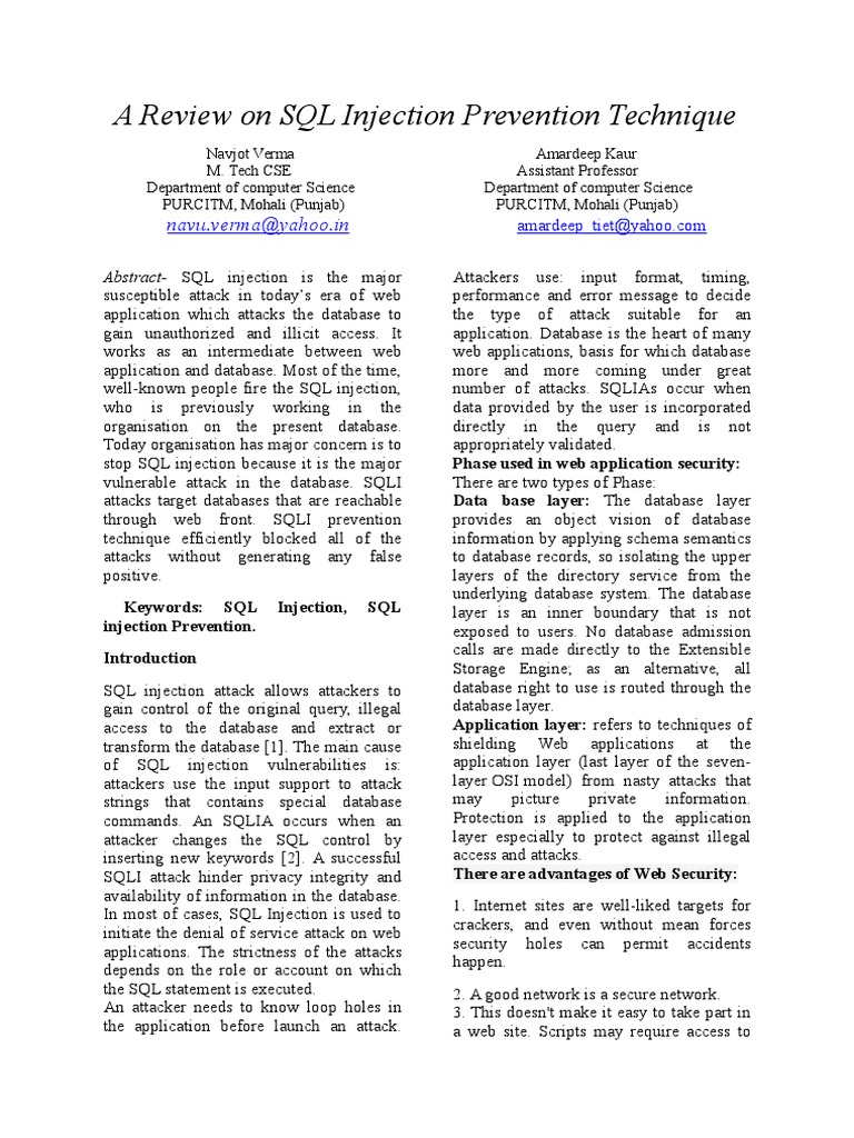 A Review On SQL Injection Prevention Technique: Navu - Verma@yahoo - in | PDF | Databases ...