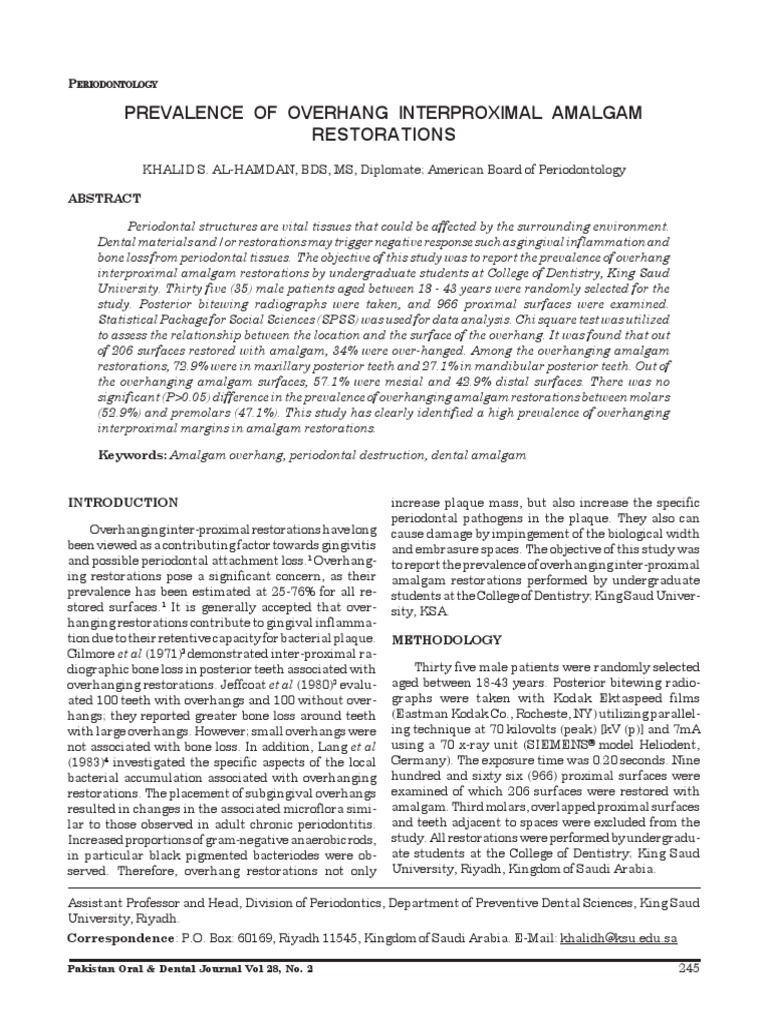 Prevalence of Overhang Interproximal Amalgam Restorations | PDF ...