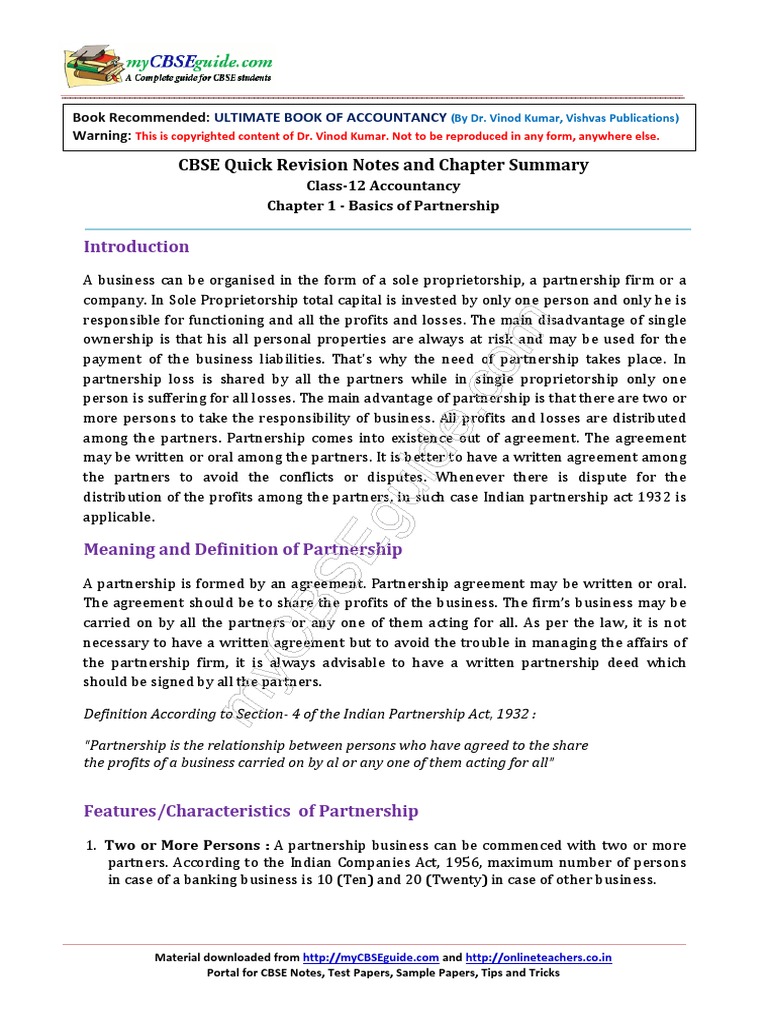 CBSE Quick Revision Notes and Chapter Summary: Class-12 Accountancy ...