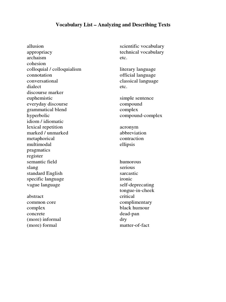 Vocabulary for Text Analysis | PDF | Language Arts & Discipline ...