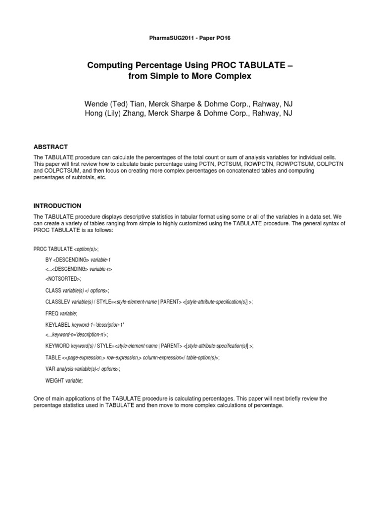Percentages Using Proc Tabulate | PDF | Fraction (Mathematics) | Table (Database)