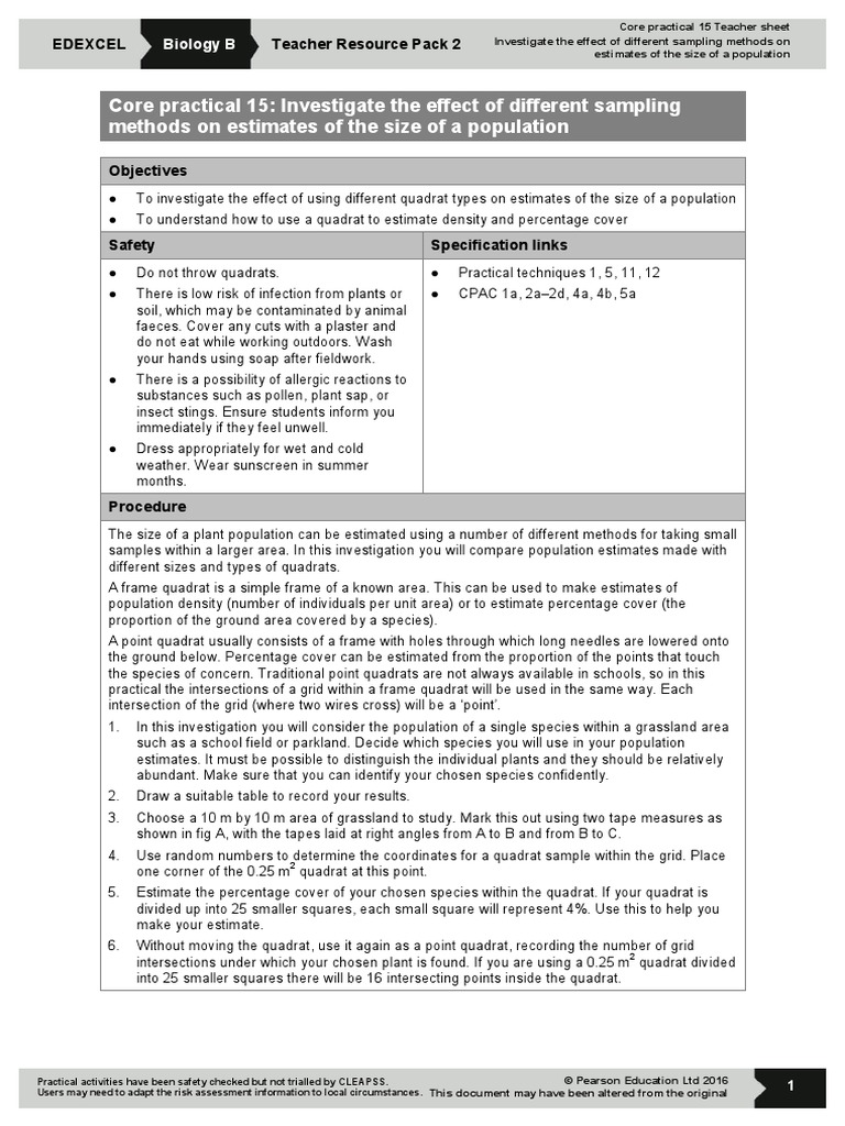 As and A Level Biology B Core Practical 15 Sampling Methods (Student ...