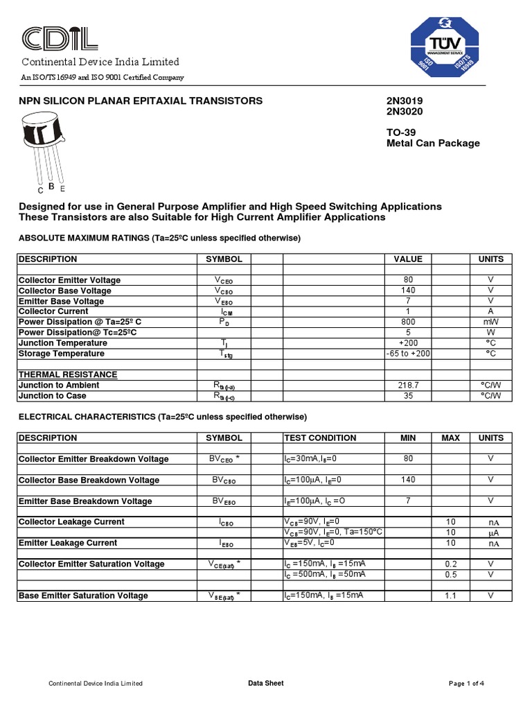 2N3019 and 2N3020 | PDF | Bipolar Junction Transistor | Transistor