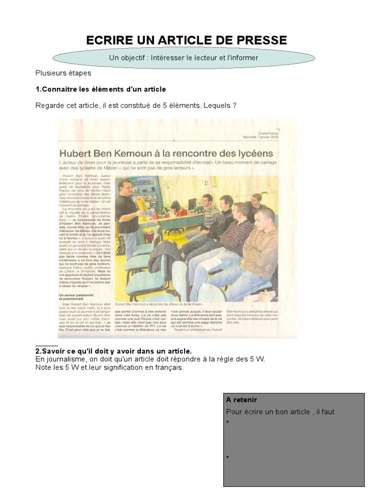 Fiche Élève Ecrire Un Article de Presse | PDF
