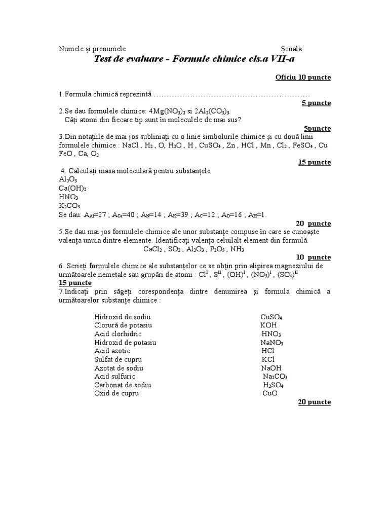 Test de Evaluare Formule Chimice | PDF