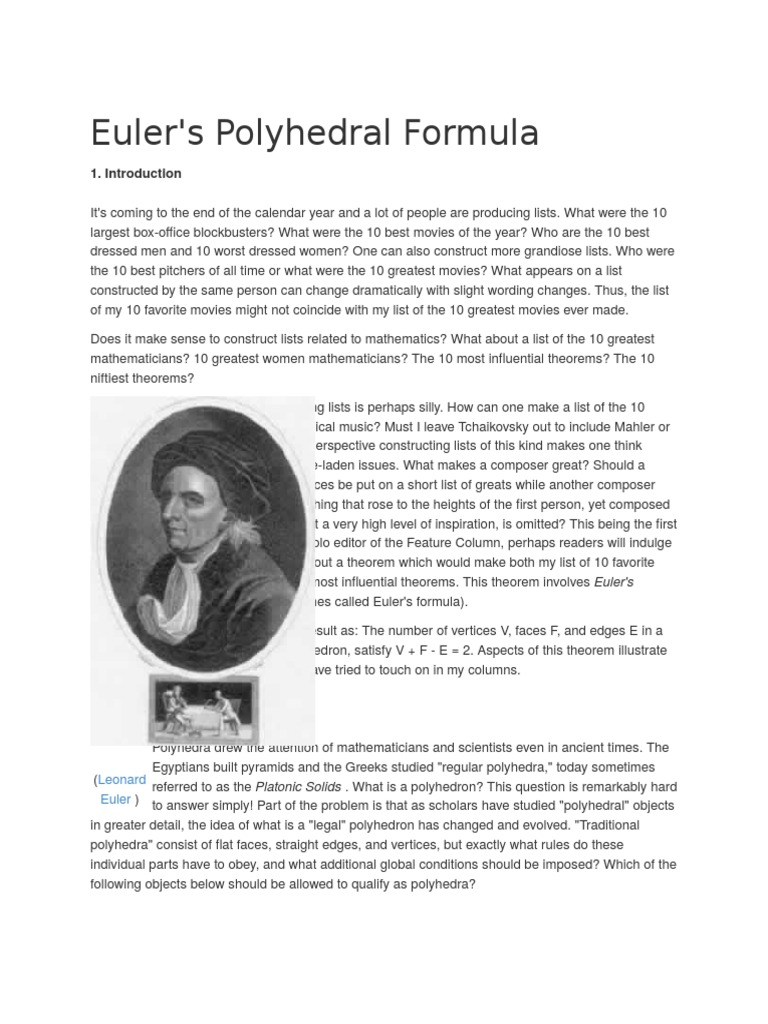Polyhedral Formula (Sometimes Called Euler's Formula) | PDF | Graph ...