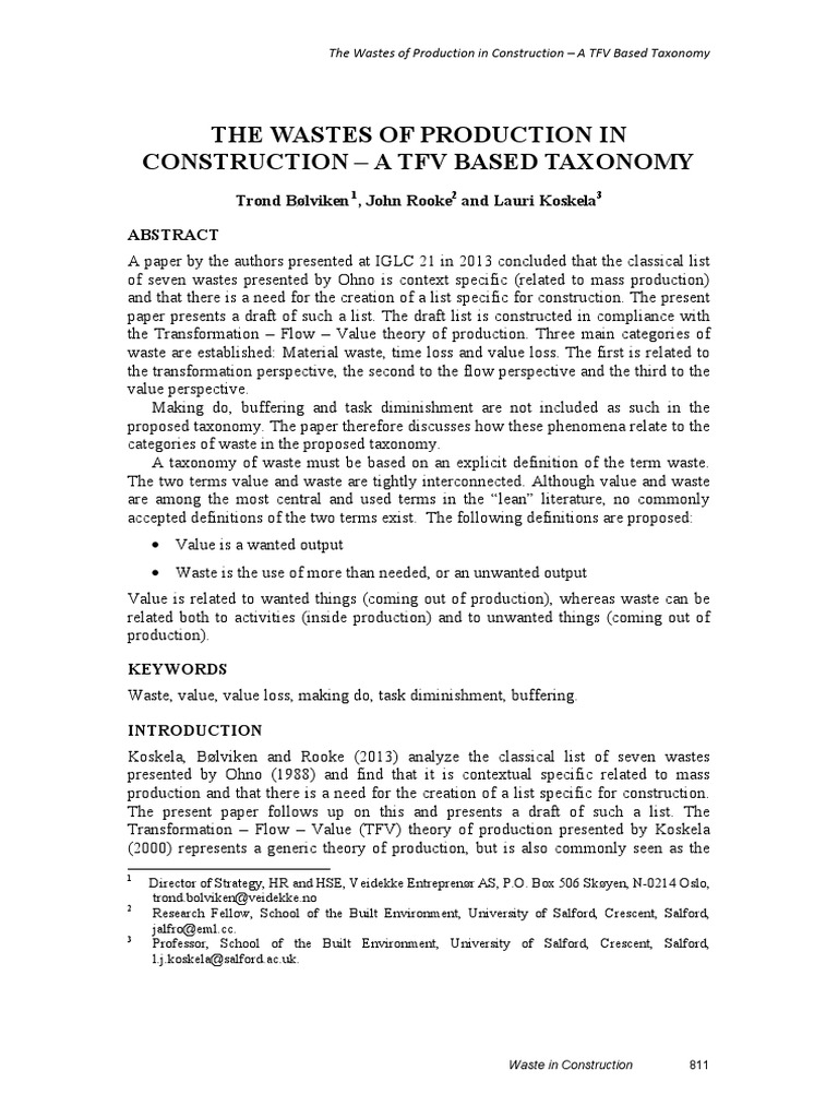The Wastes of Production in Construction A TFV Based Taxonomy | PDF ...