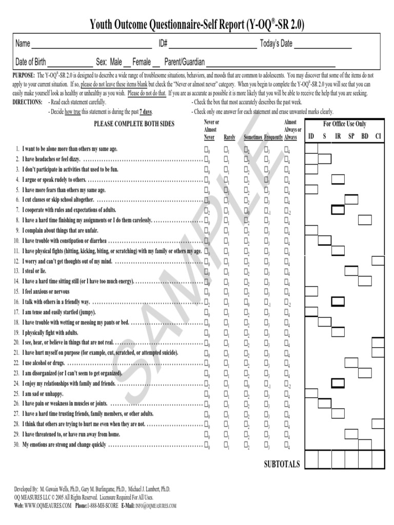 Youth Outcome Questionnaire | Psychology & Cognitive Science ...