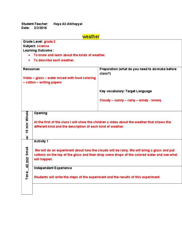 Grade 2 Weather Science Lesson Plan | PDF