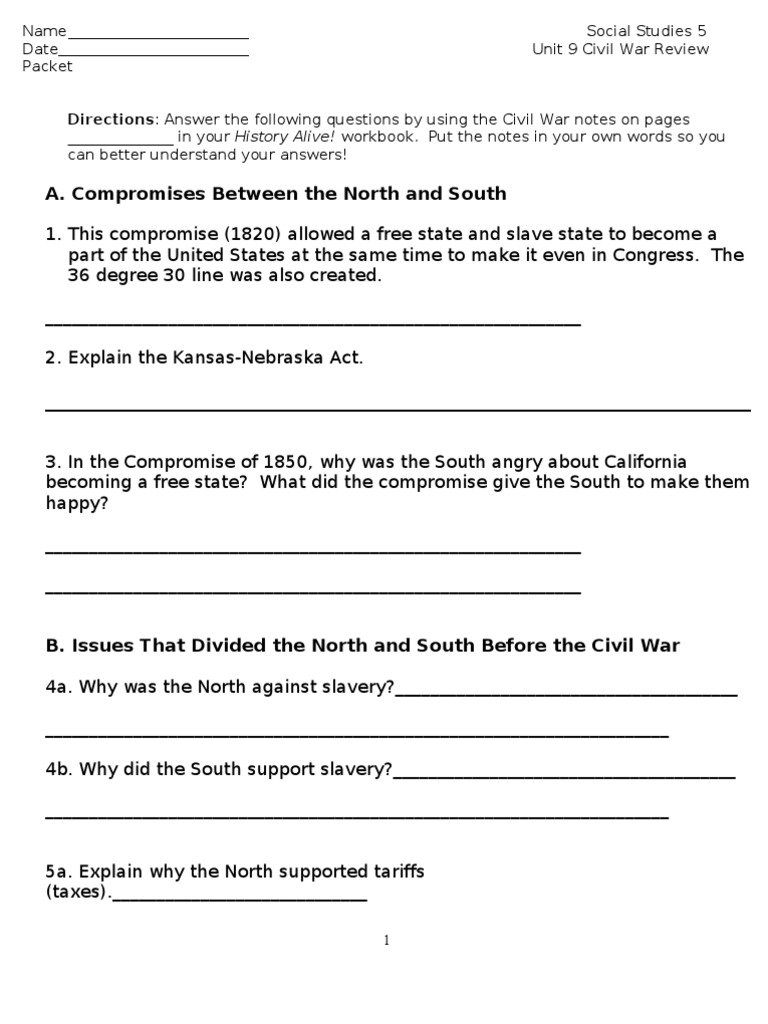 Unit 9 Civil War Review Packet | Download Free PDF | American Civil War ...