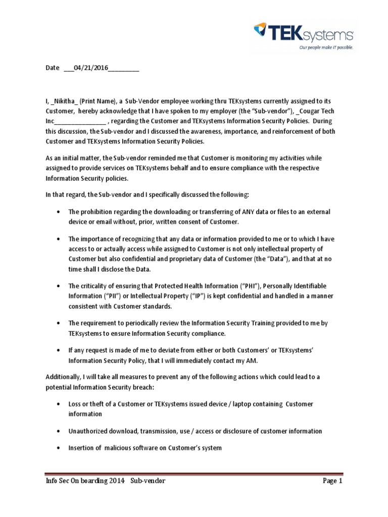 Information Security Addendum - Acknowledgement Sub Vendor Conultant ...