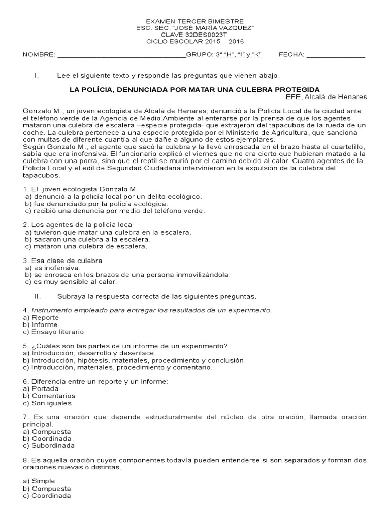 Examen Español Tercer Bimestre (Tercero de Secundaria)