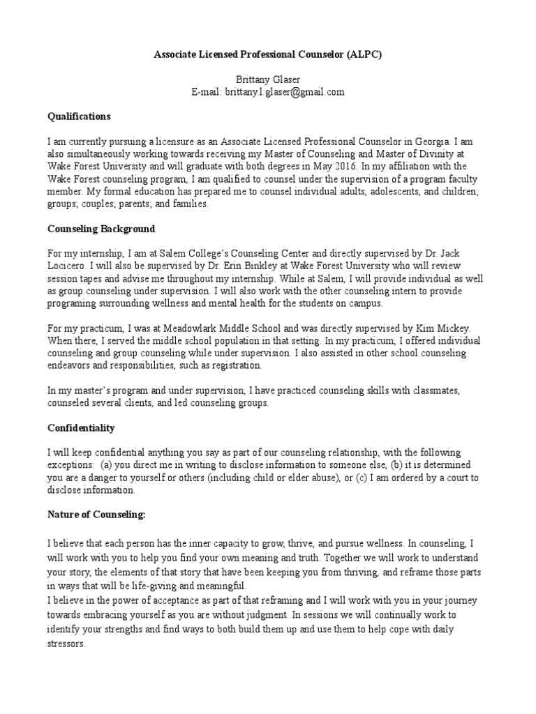 Professional Disclosure Statement Glaser | PDF | School Counselor ...