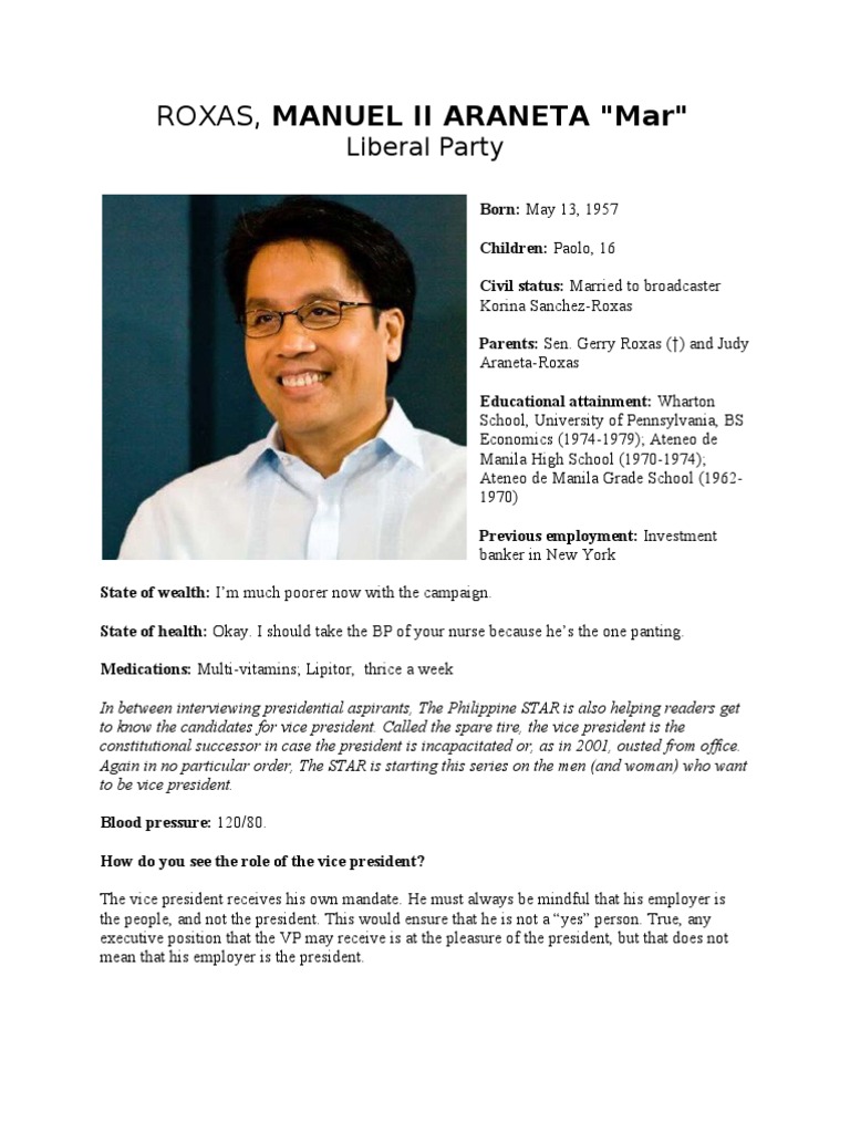 Roxas, Manuel Ii Araneta "Mar": Liberal Party | PDF | Vice President Of ...