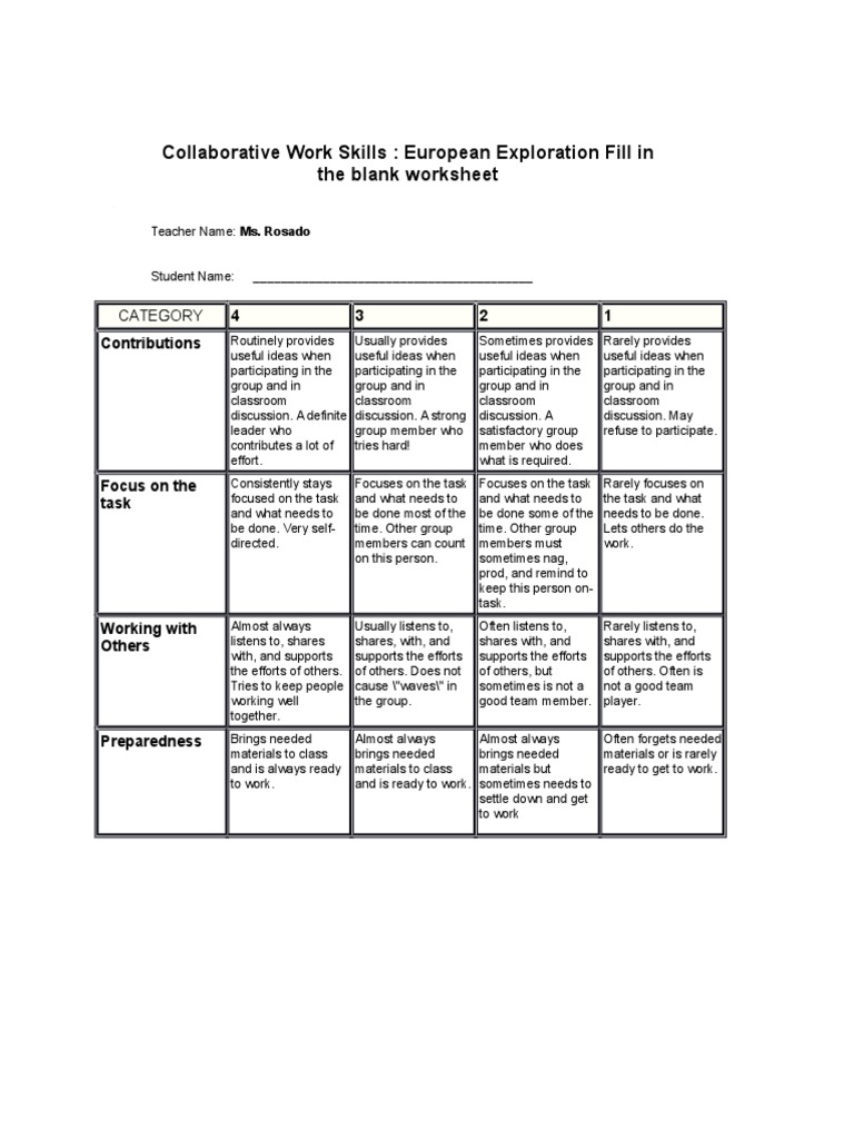 Collaborative Work Skills-Rubric | PDF