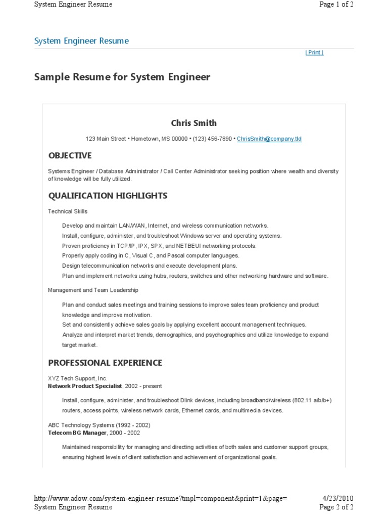 System Engineer Resume Sample | PDF | Telecommunication | Computer Network