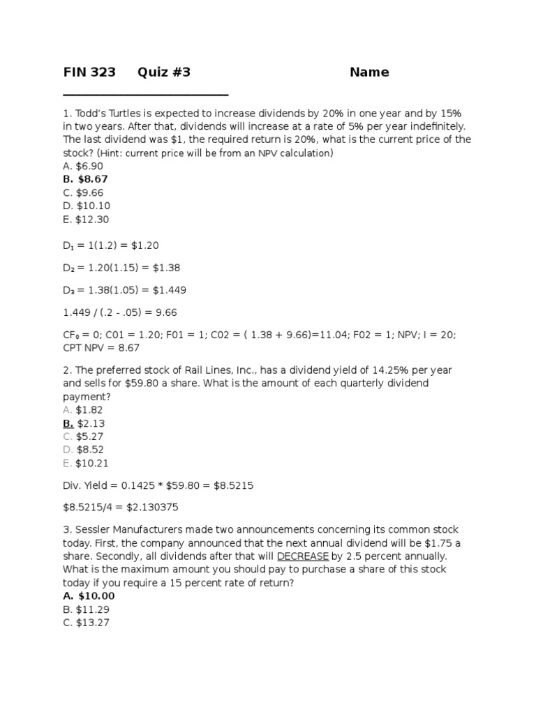 FIN 323 Quiz #3 Solutions | PDF