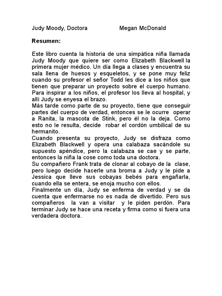 Resumen Judy Moody, Doctora | PDF