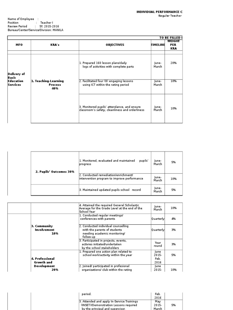 Individual Performance Commitment and Review Form: Regular Teacher I ...