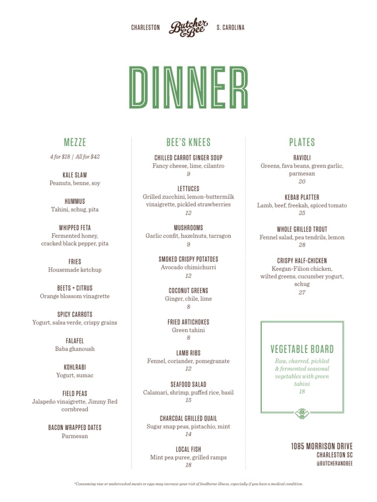 Butcher & Bee Dinner Menu | PDF | Pickling | Salad