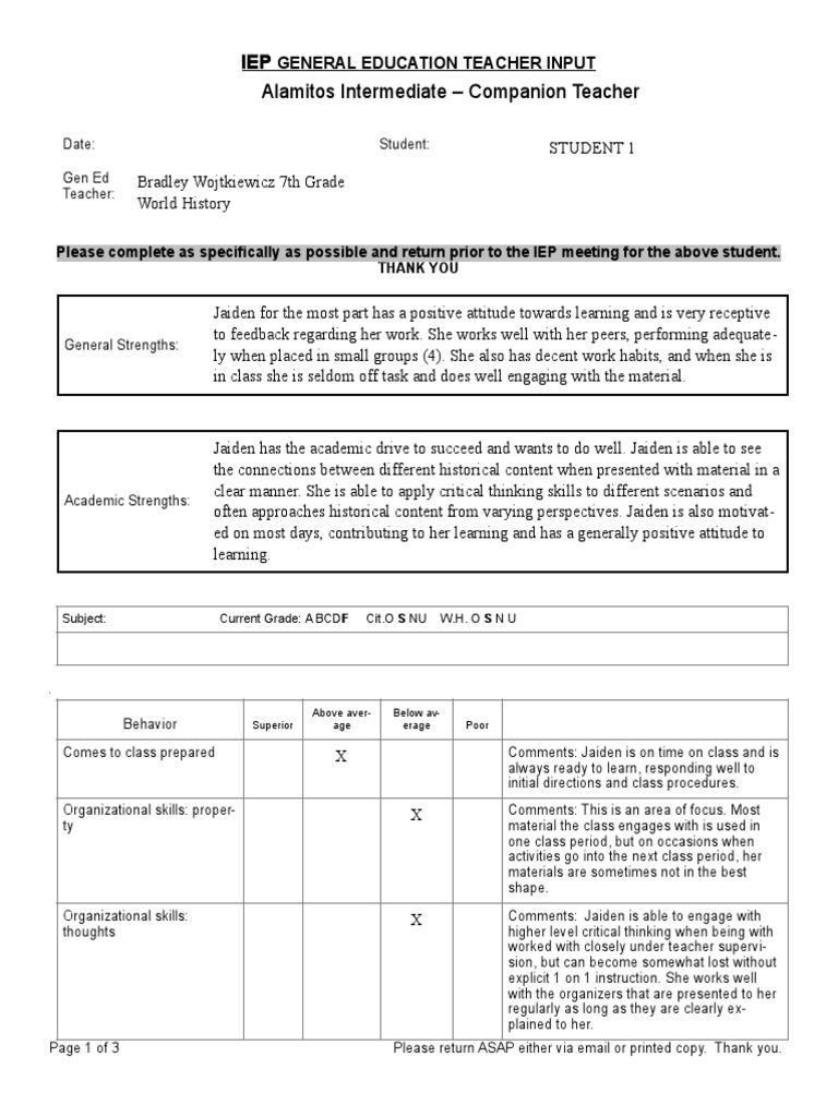 Iep Example | PDF | Test (Assessment) | Reading (Process)