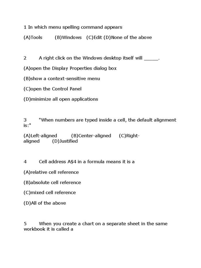 Questions & Answers for CCC Exam | Microsoft Excel | Computing Platforms