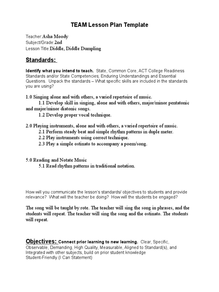 TEAM Lesson Plan Template: Identify What You Intend To Teach. State ...
