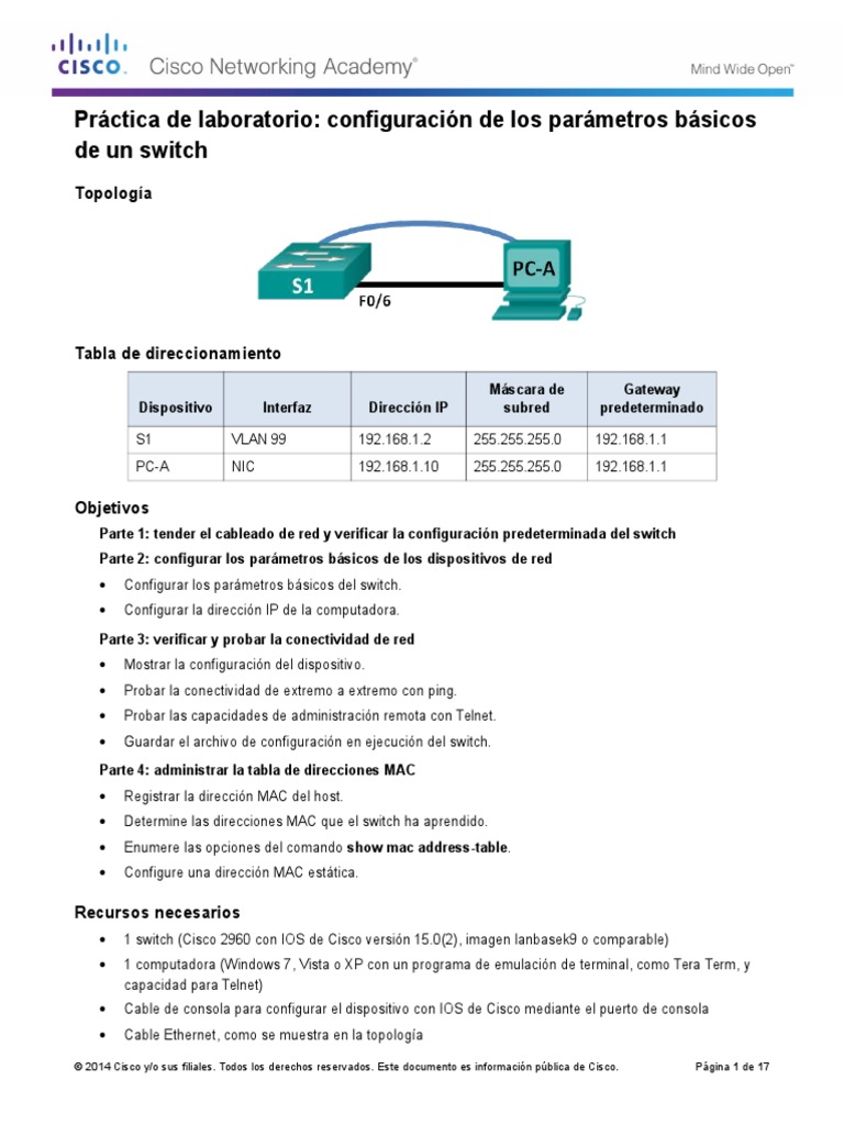 2.1.1.6 Lab - Configuring Basic Switch Settings | PDF | Conmutador de red | Dirección IP