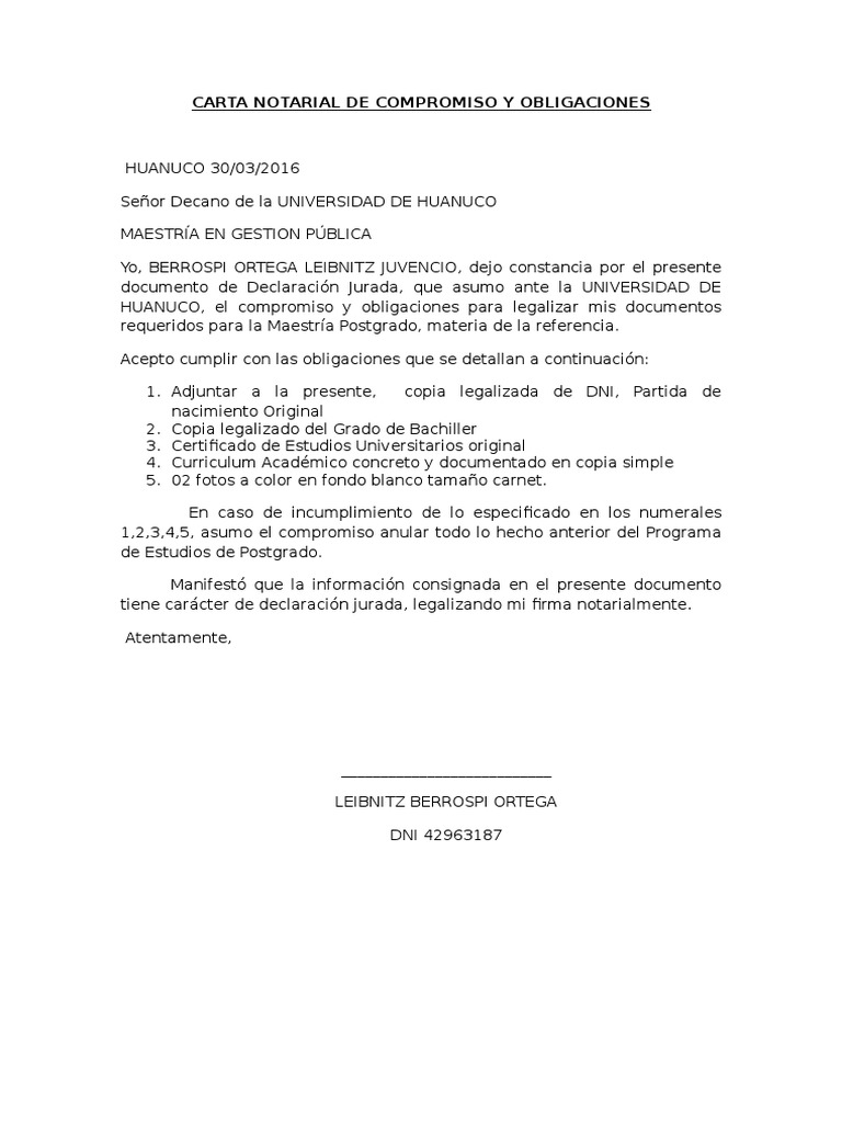 Carta Notarial de Compromiso y Obligaciones | PDF