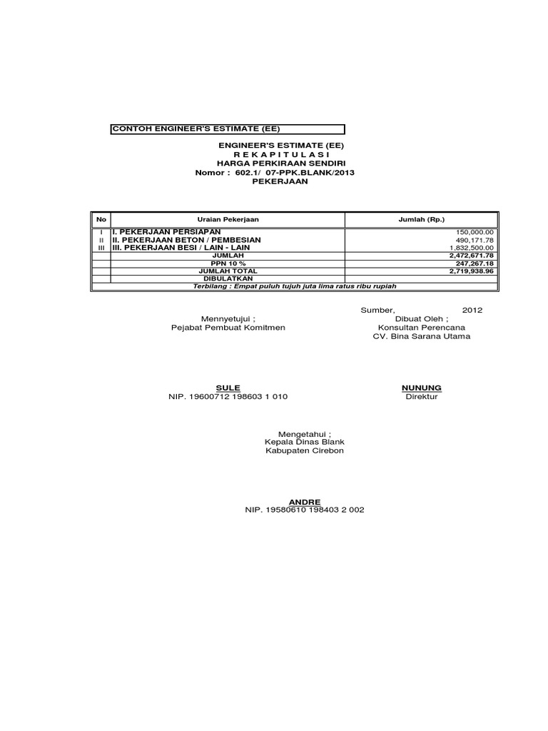 Contoh Engineer's Estimate (Ee) | PDF