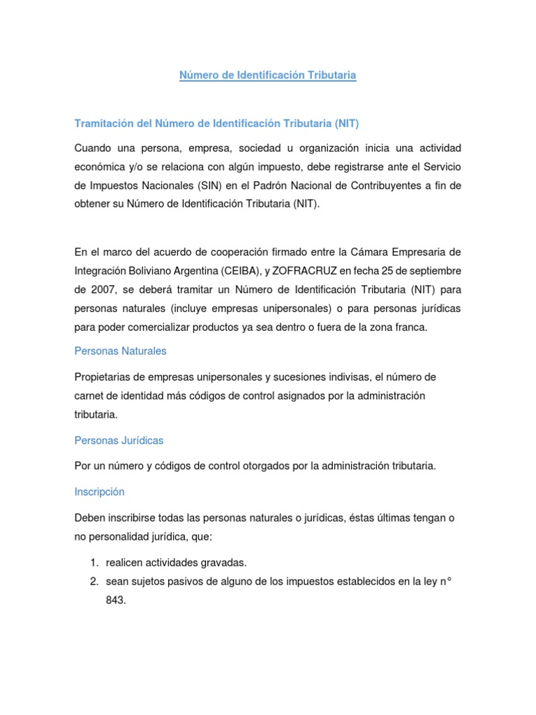 Tramitación del Número de Identificación Tributaria (NIT) en Bolivia ...