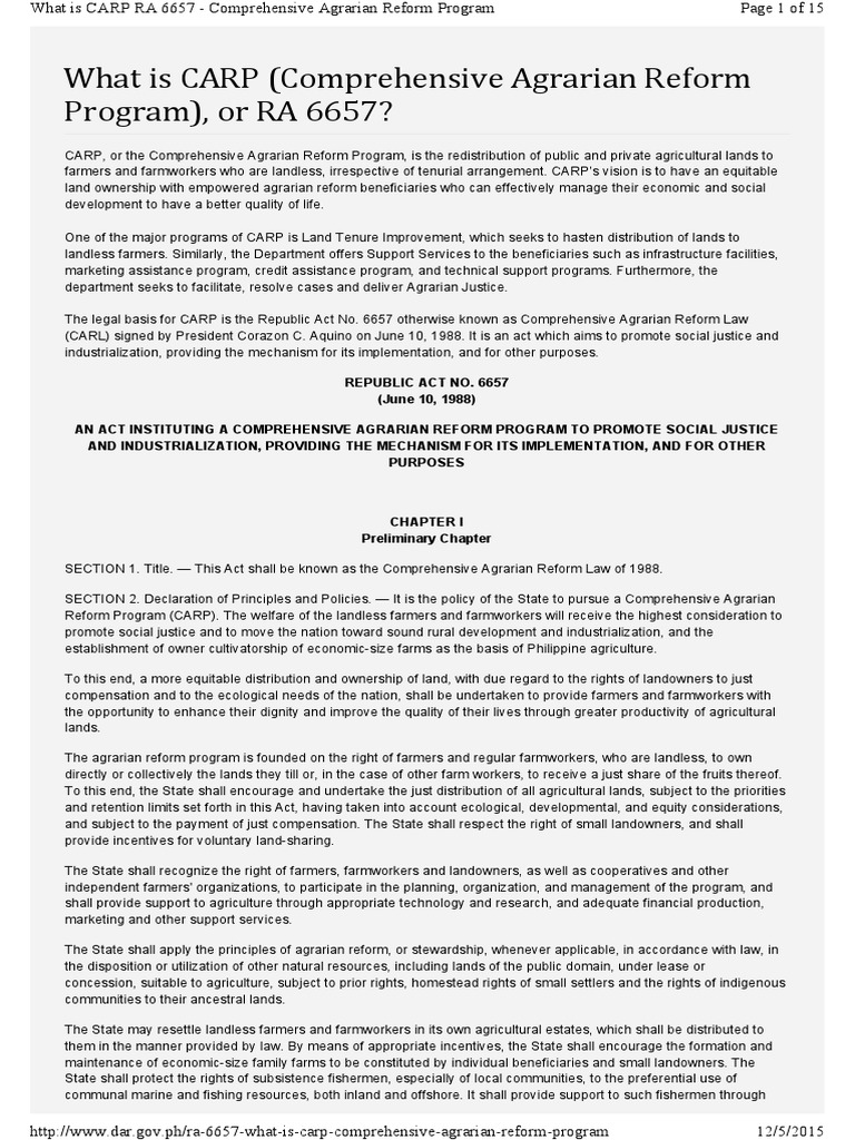What Is CARP (Comprehensive Agrarian Reform Program), or RA 6657. | PDF ...