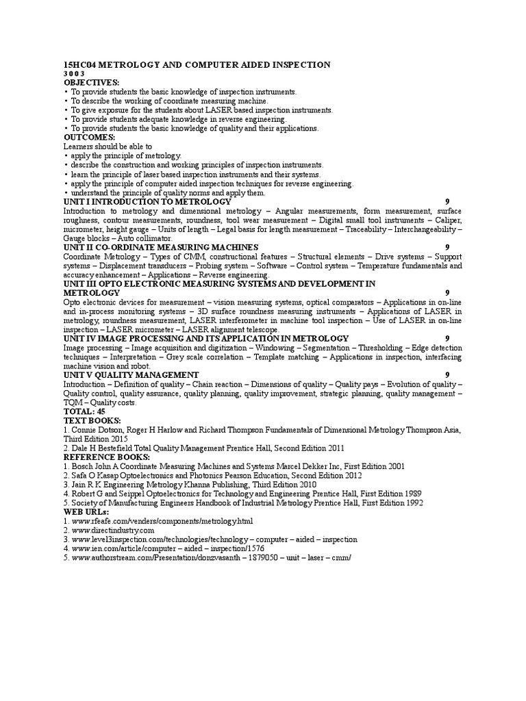 15hc04 Metrology and Computer Aided Inspection | PDF | Science And ...