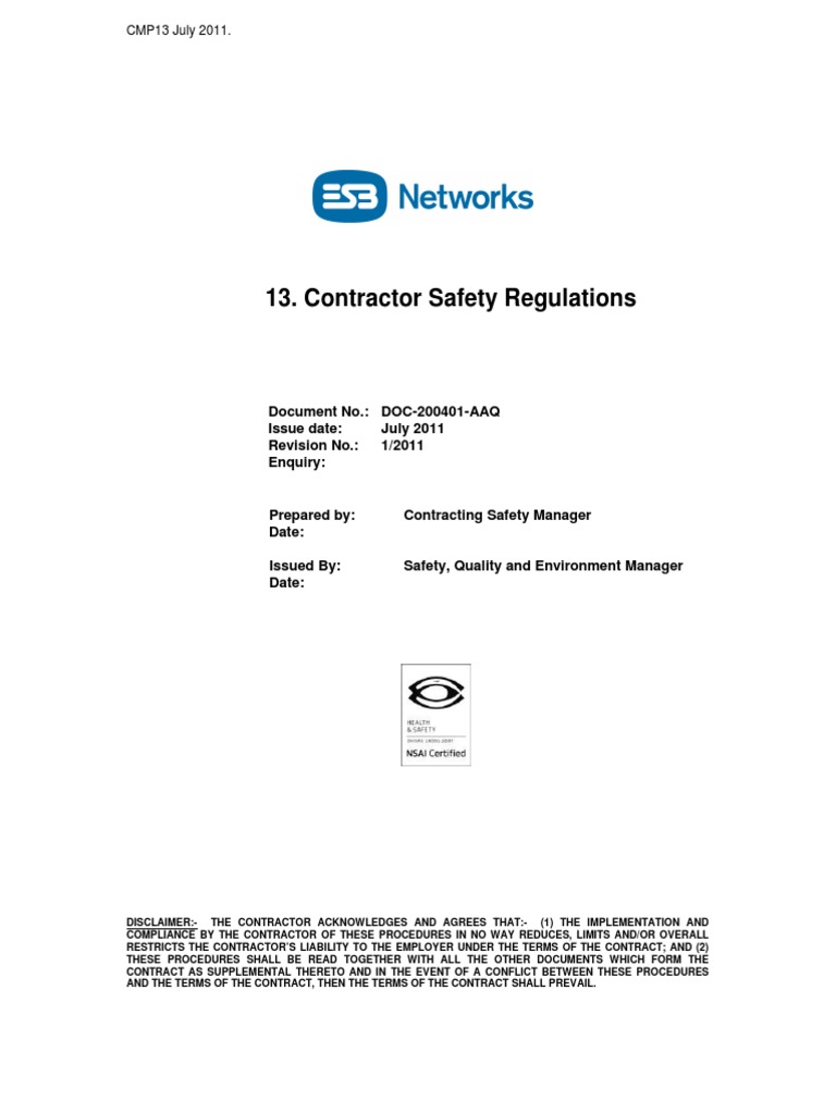 ESB Networks Contractor Safety Regulations | PDF | Personal Protective ...