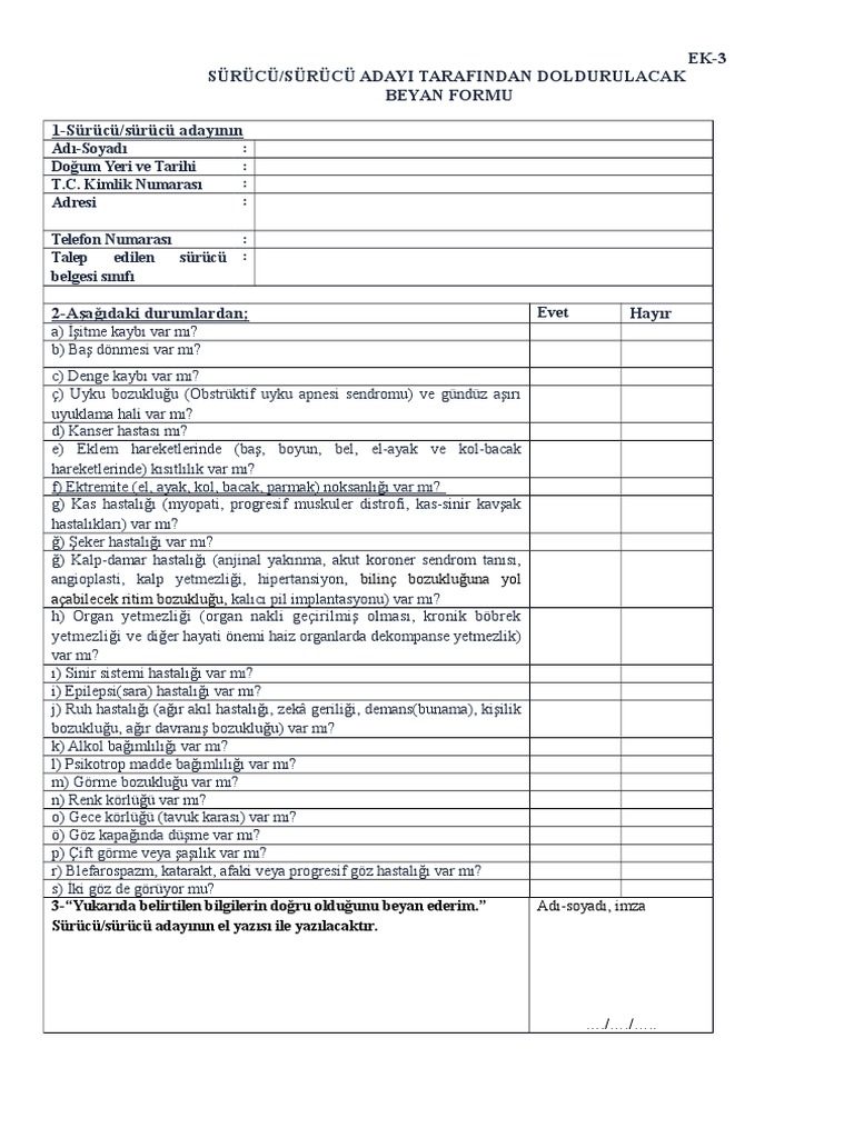 @sürücü Sağlık Beyan Formu Ek-3 Beyan Formu | PDF