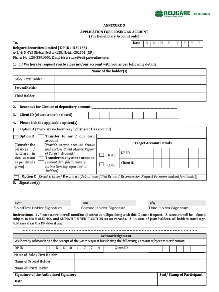 Annexure Q - Beneficiary Account Closure Form | PDF | Business ...